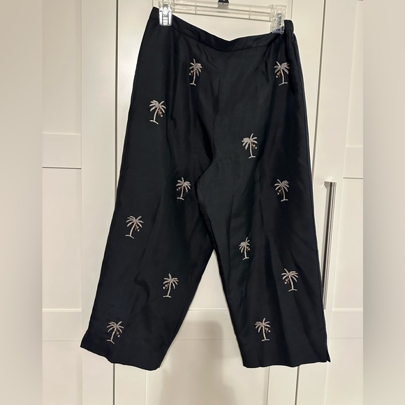 Pants & Jumpsuits | Silk Capri Black Embroidered Palm Trees And Monkeys ...